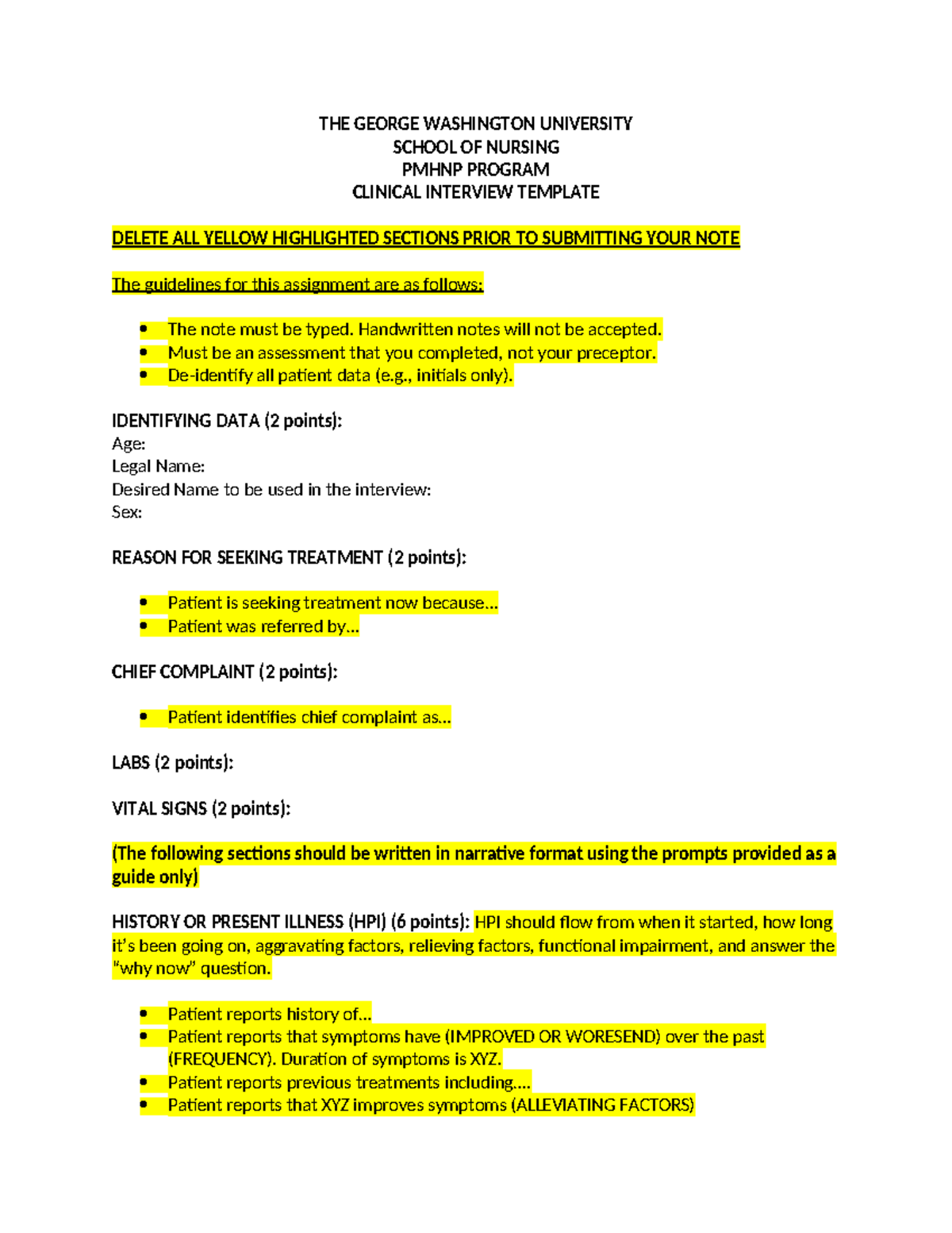 NURS6245 Clinical Interview Template for PMHNP Program - Studocu