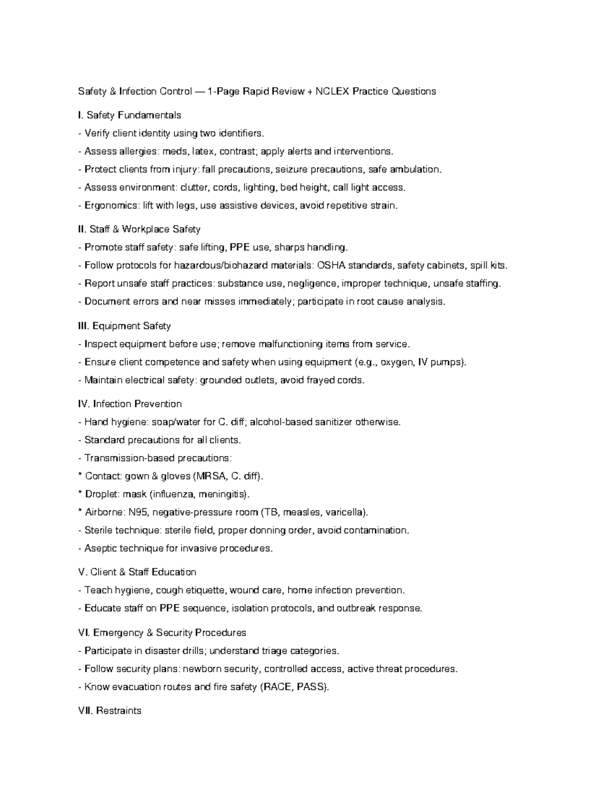Safety Infection Control Rapid Review NCLEX Practice Questions - Studocu