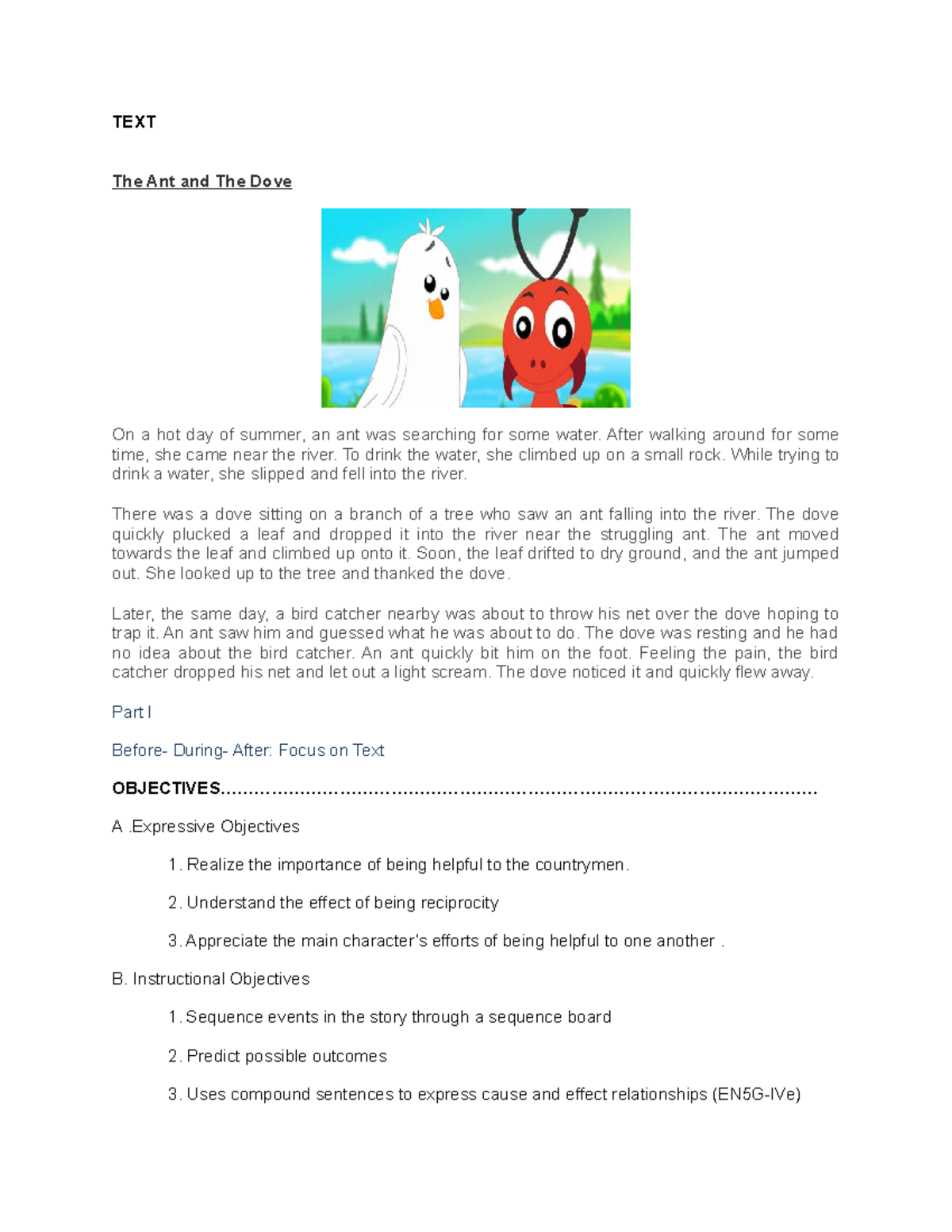 Grade 5 Lesson Plan: The Ant and The Dove Story Analysis - Studocu