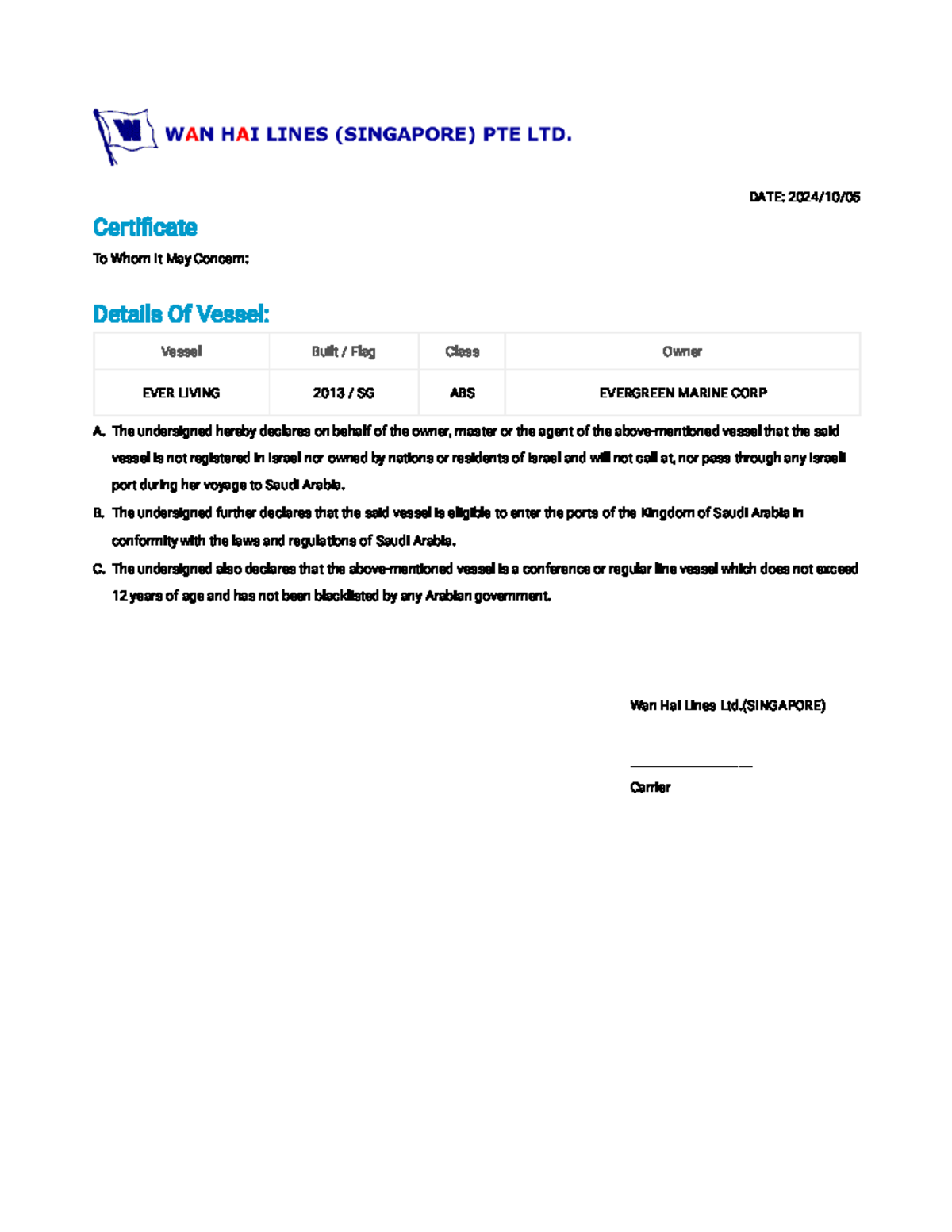 WAN HAI Lines Ltd. Certificate for Vessel EVER LIVING - Studocu