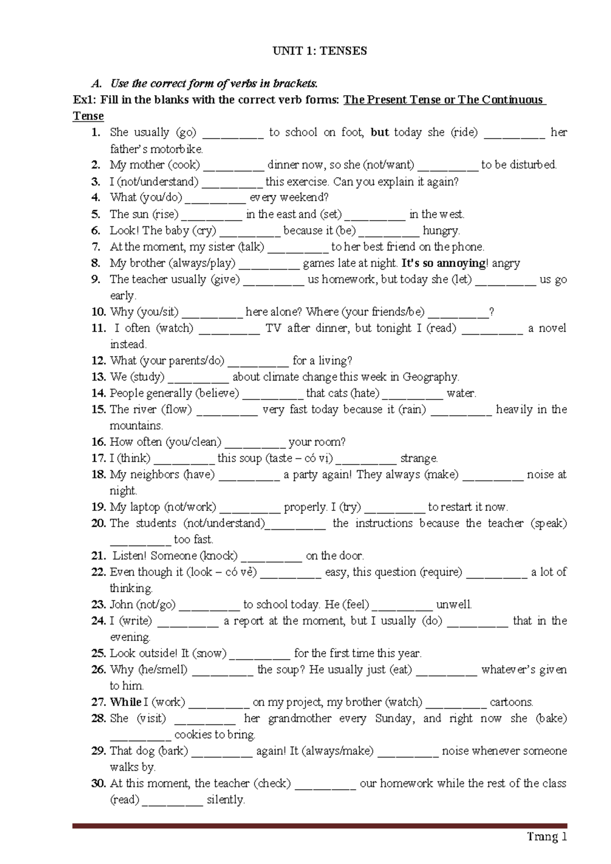 UNIT 1: TENSES - Practice Exercises for Verb Forms - Studocu