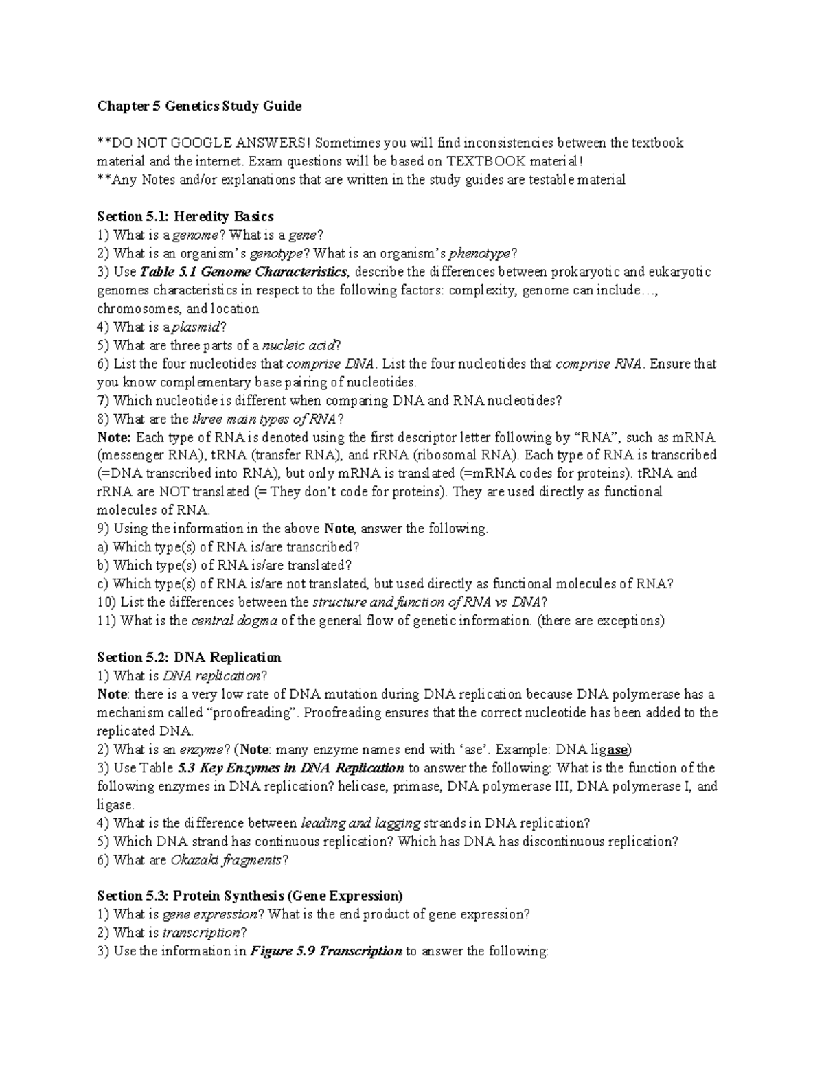 Genetics Study Guide for Chapter 5: Heredity, DNA & Protein Synthesis ...