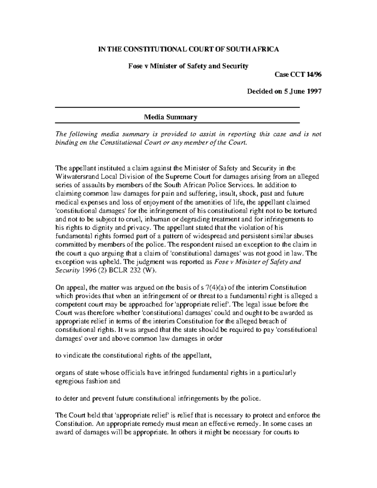 Fose case summary - n/a - IN THE CONSTITUTIONAL COURT OF SOUTH AFRICA ...
