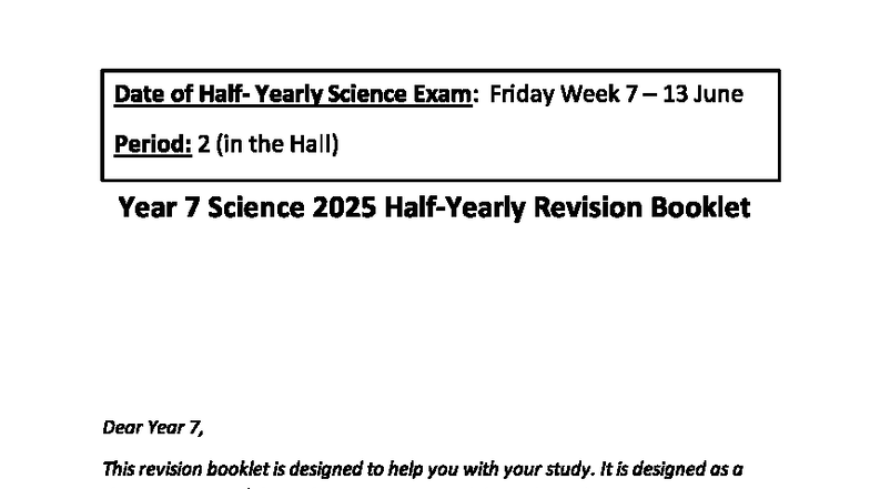 Year 7 Science 2025 Yearly Exam Revision Guide - Studocu