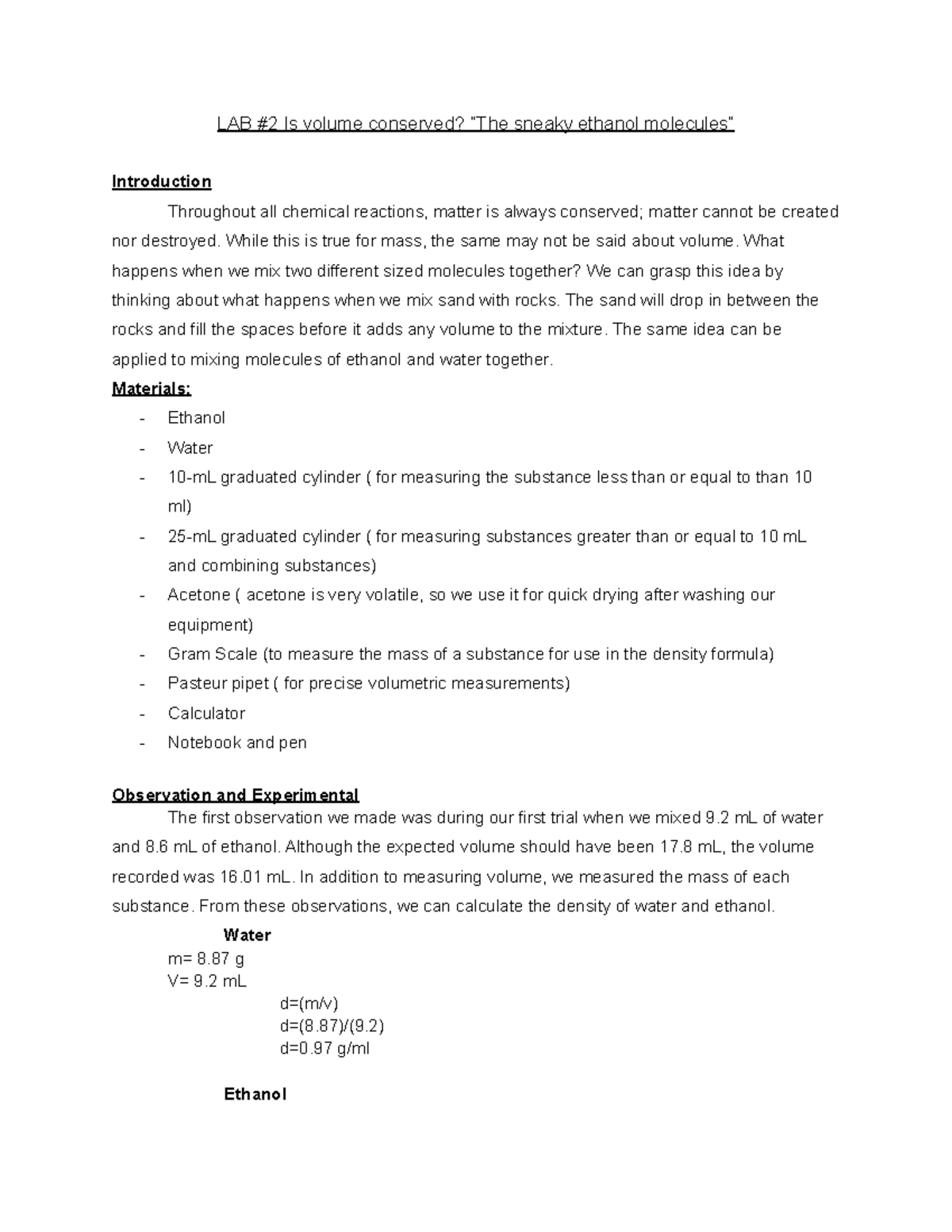 Lab #2 Report: Exploring Volume Conservation in Ethanol Mixtures - Studocu
