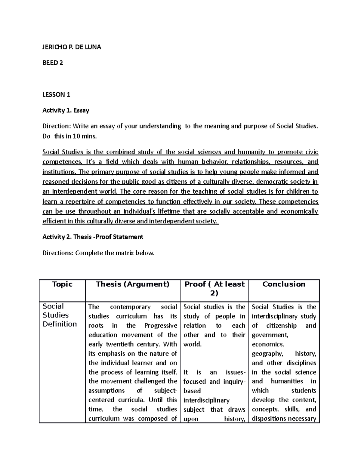 Activities in lesson 1 in Tsspg DE LUNA - JERICHO P. DE LUNA BEED 2 ...