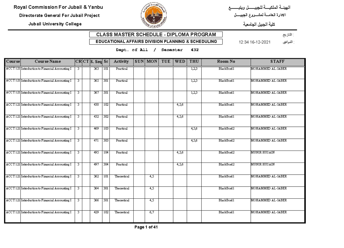 Semester 432 Class Master Schedule - Male Branch 1 - Studocu