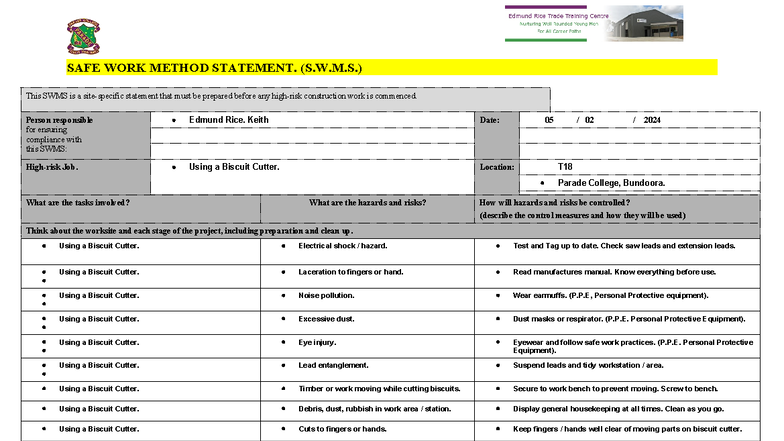 Biscuit Cutter S.W - kkk - SAFE WORK METHOD STATEMENT. (S.W.M.) This ...