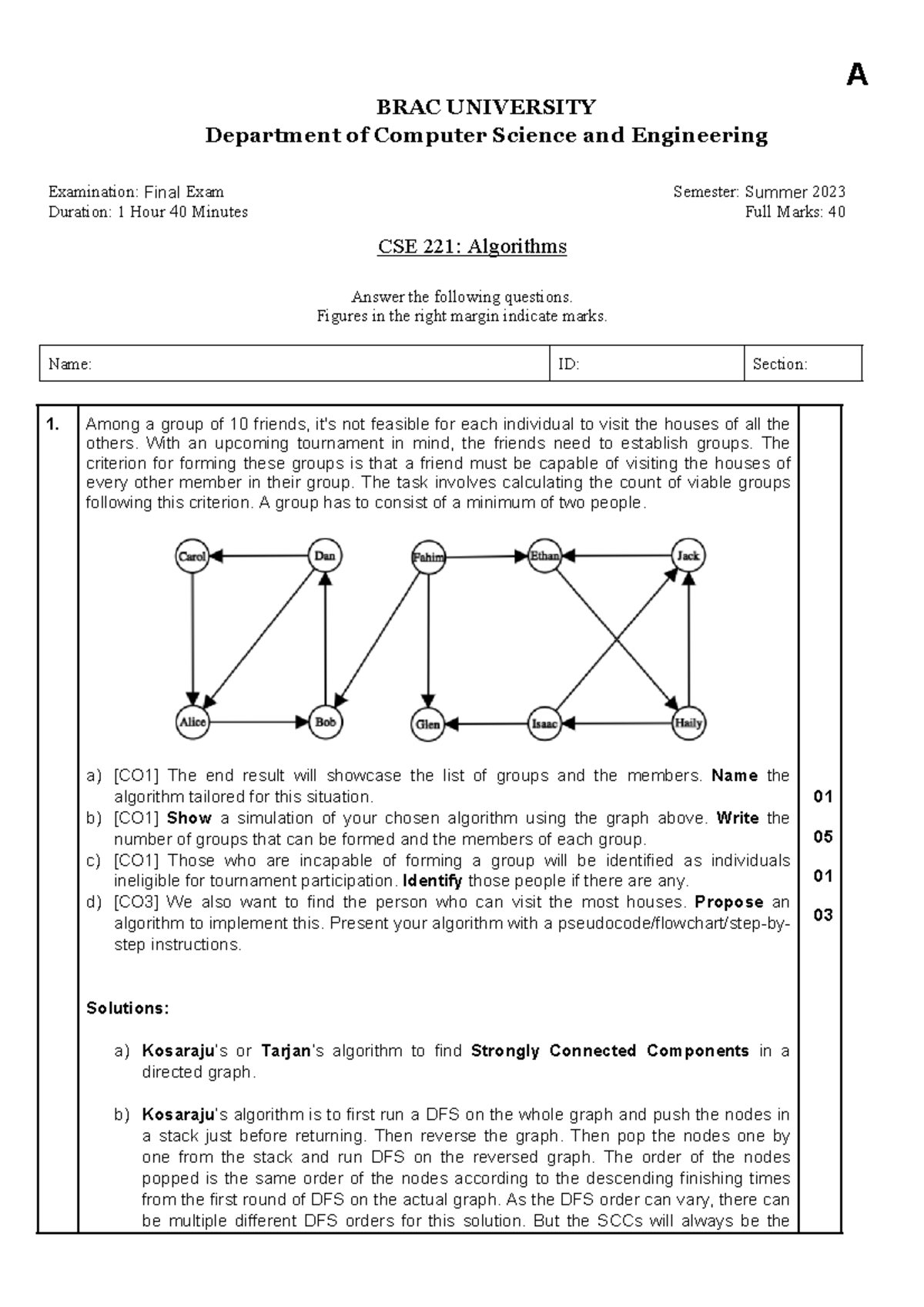 CSE221 Summer 23 - Final Exam Solutions for Algorithm Problems - Studocu