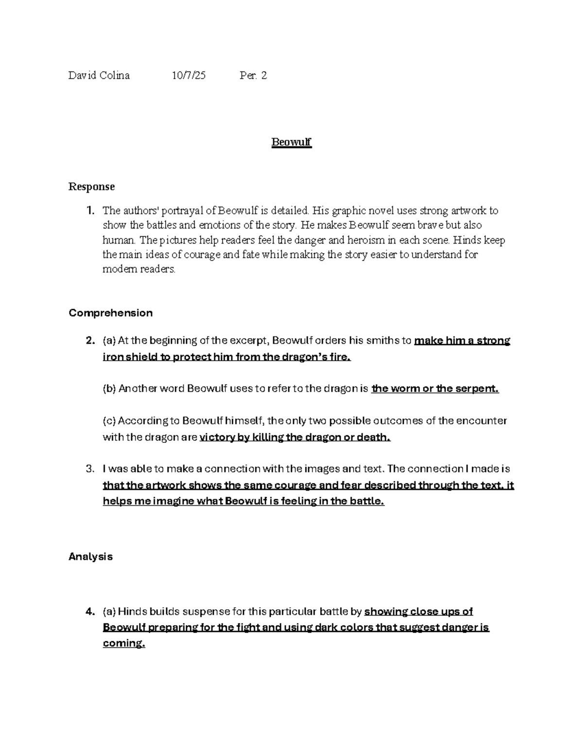 Beowulf Response 1: Analysis of Hinds' Graphic Novel Adaptation - Studocu