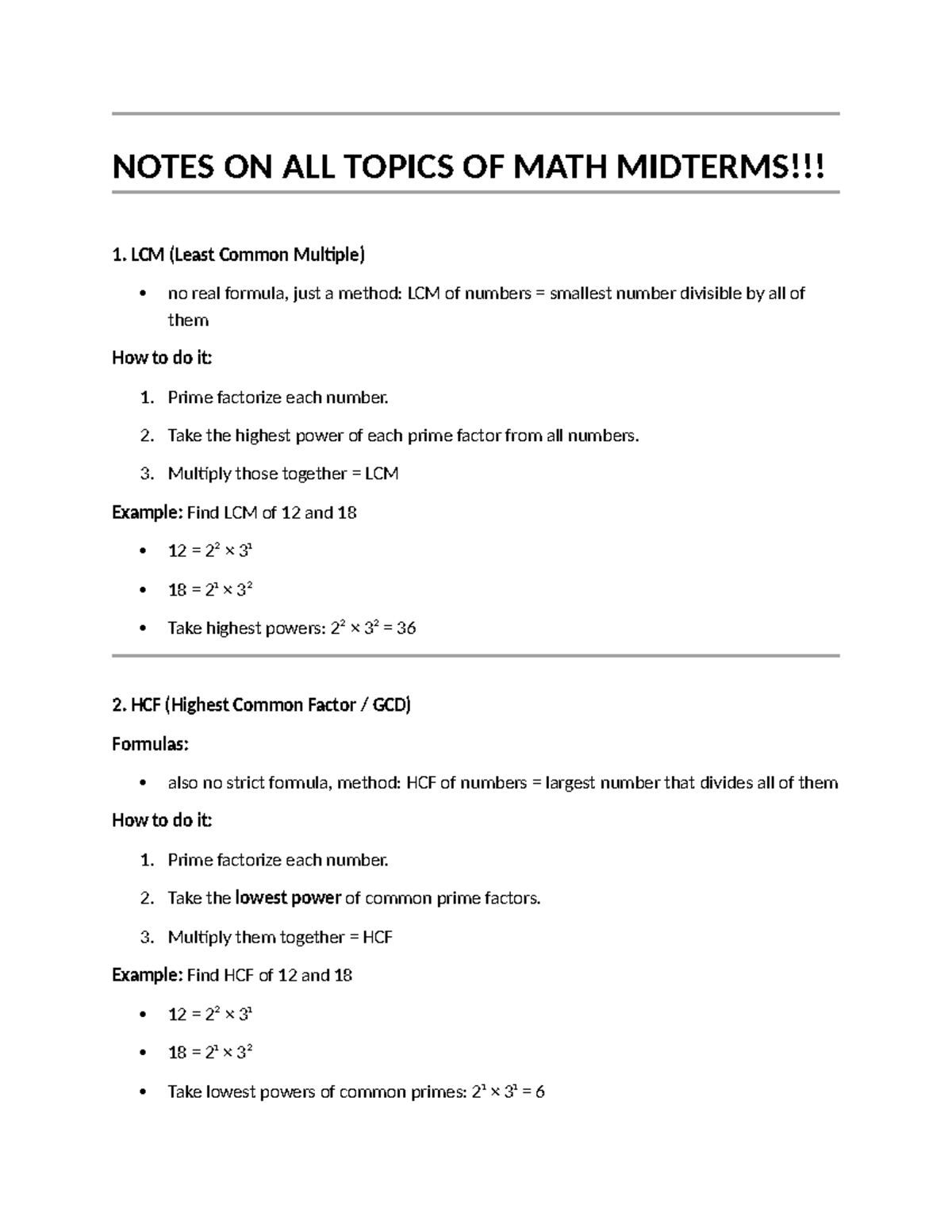 Math 1 Midterm Notes: LCM, HCF, and Key Concepts - Studocu