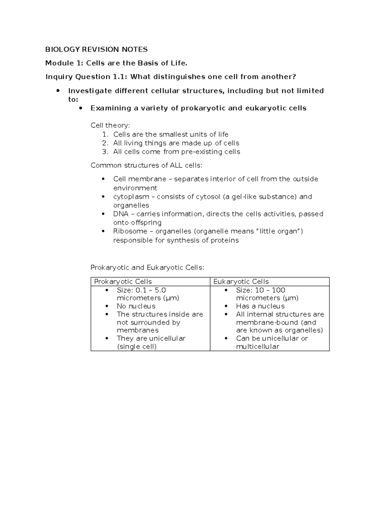 Biology Revision Notes: Module 1 - Cells & Their Structures - Studocu