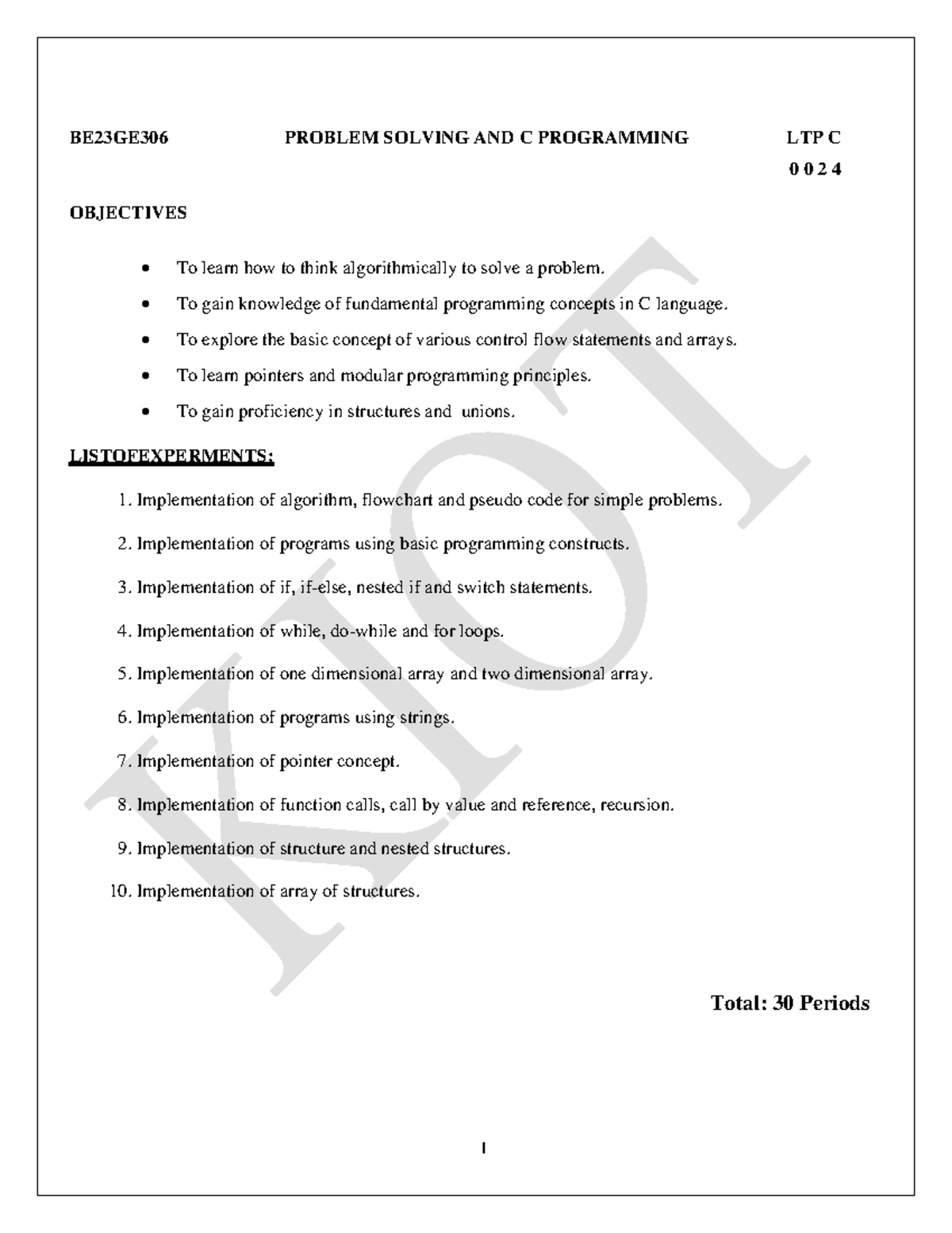 BE23GE306 C Programming Lab Manual: Problem Solving & Experiments - Studocu