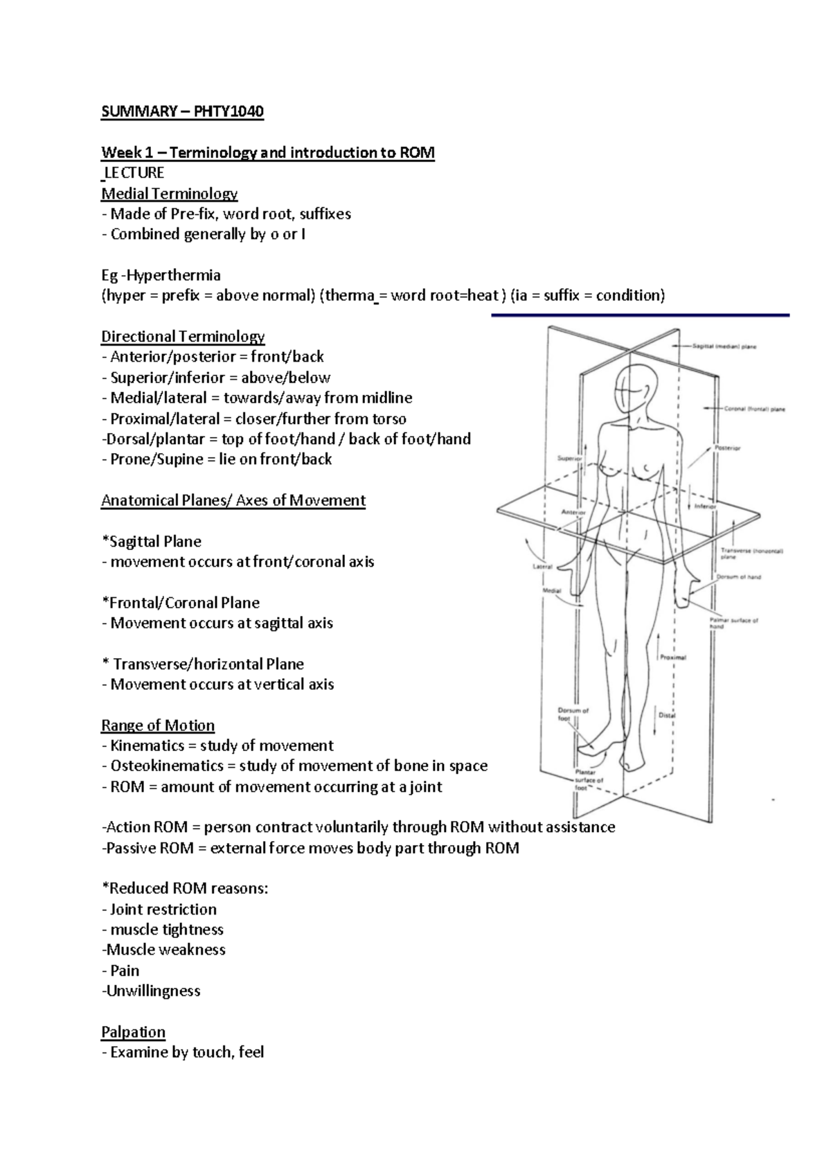 PHTY1040 Full Summary: Week 1 & 2 ROM Terminology and Measurements ...