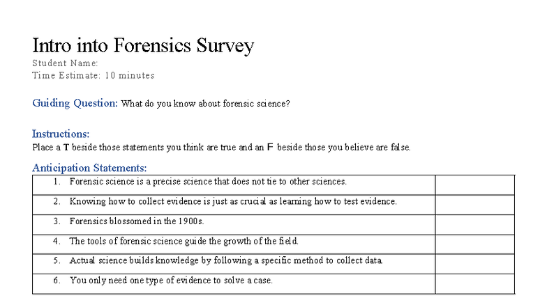 Forensic Science Survey: Introductory Assessment - Studocu