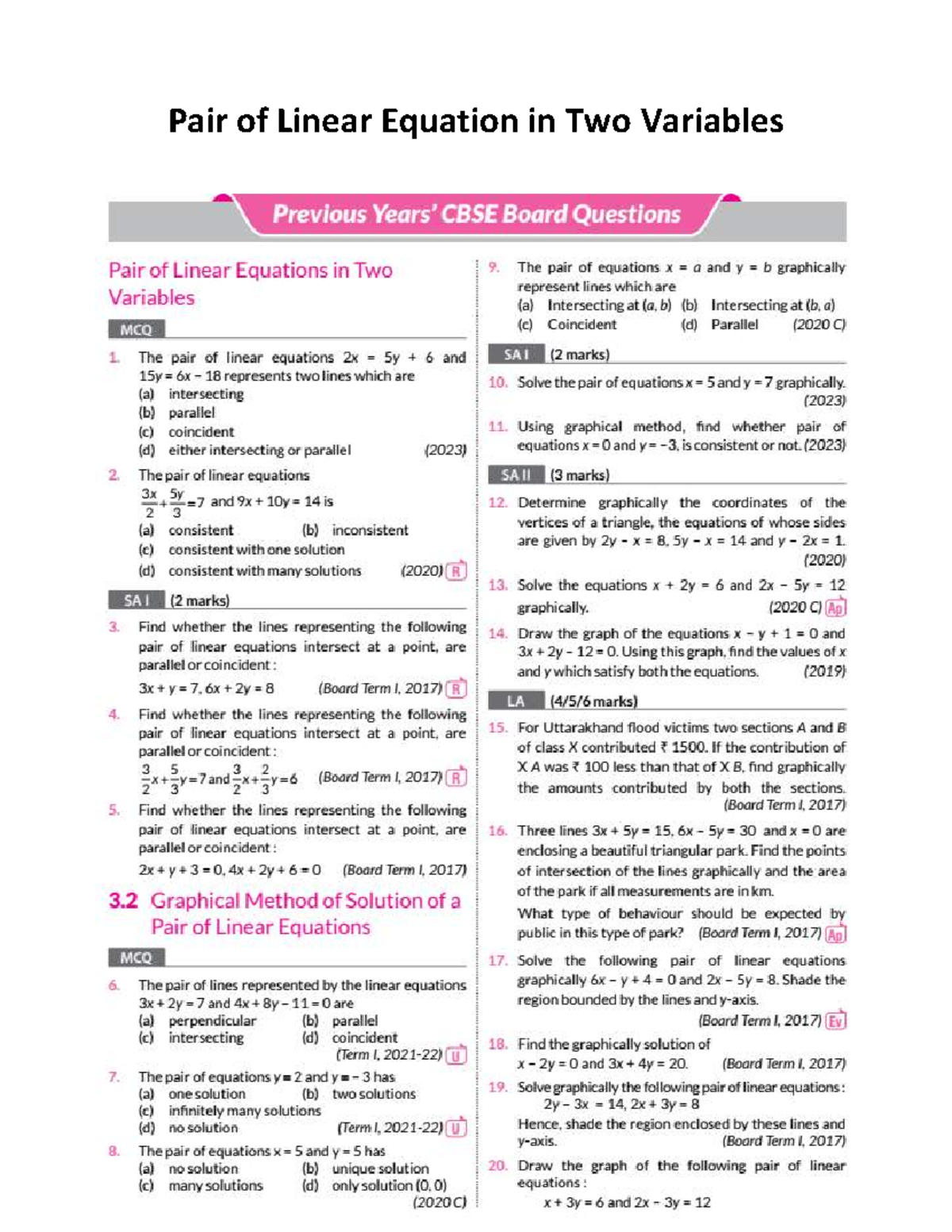 Pair of Linear Equations in Two Variables: MCQs and Solutions (10 ...