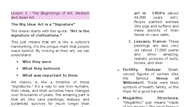 Art Appreciation Lessons 1 & 2: The Evolution of Art and Music - Studocu