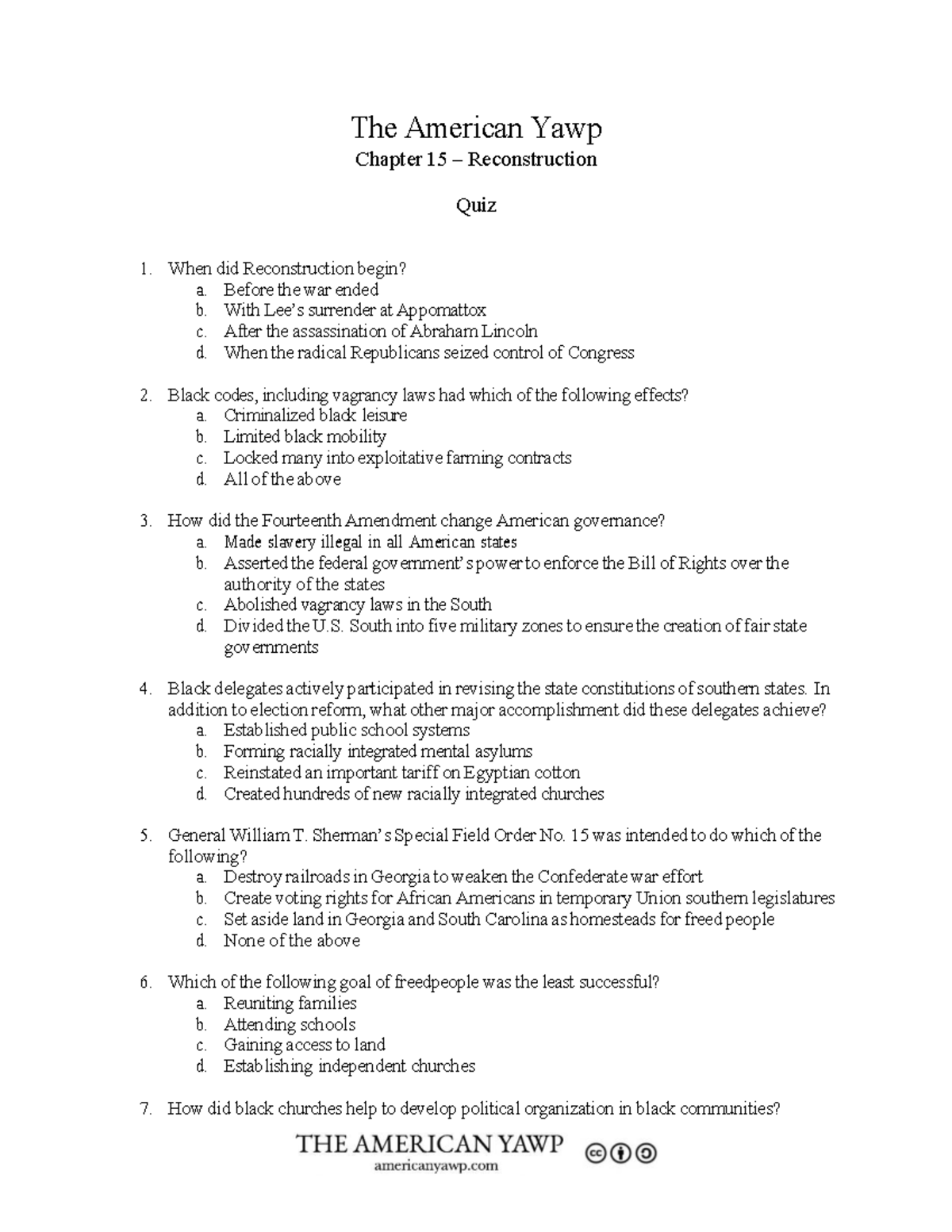 Reconstruction Quiz 1-20: Key Questions from The American Yawp - Studocu