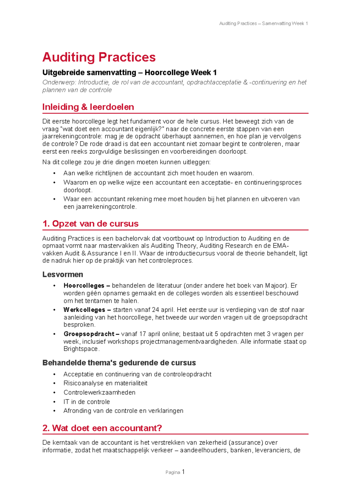 Auditing Practices Samenvatting Hoorcollege Week 1: Introductie en ...