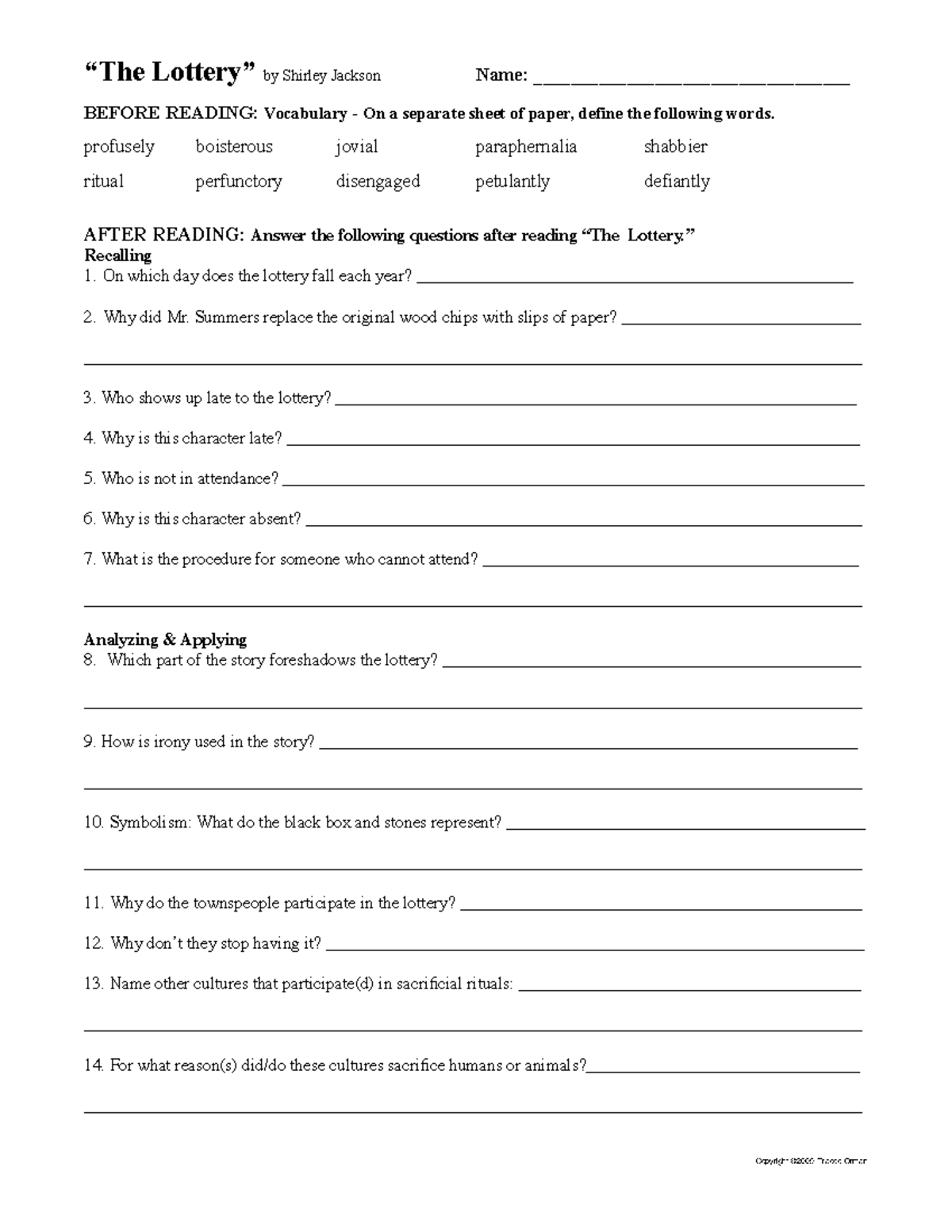 Lottery-Reading Questions: Vocabulary & Analysis of Shirley Jackson ...