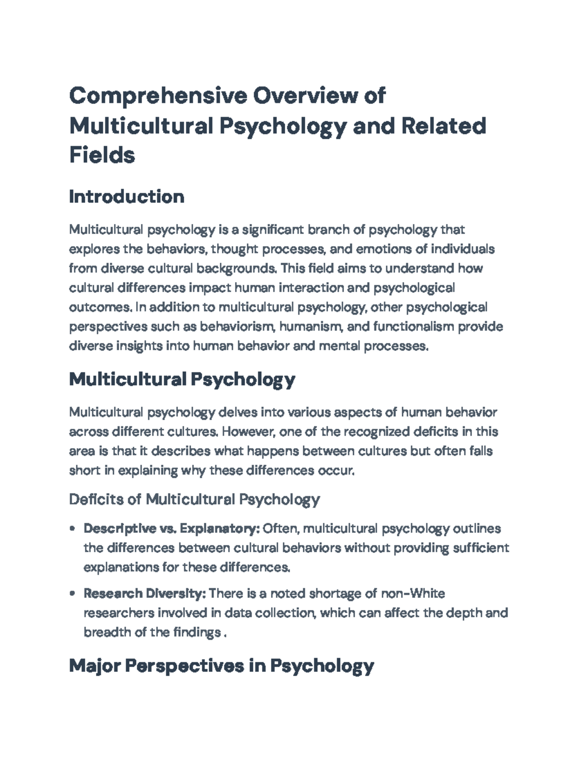 Comprehensive Guide to Multicultural Psychology: Key Perspectives - Studocu