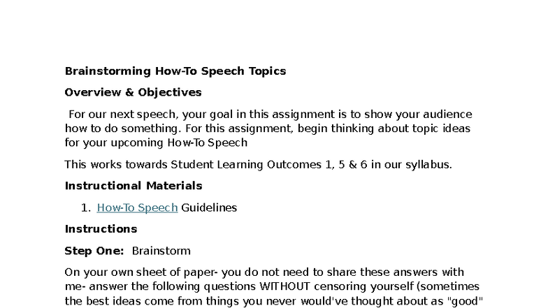 COM231 - Brainstorming Speech Topics Overview and Guidelines - Studocu