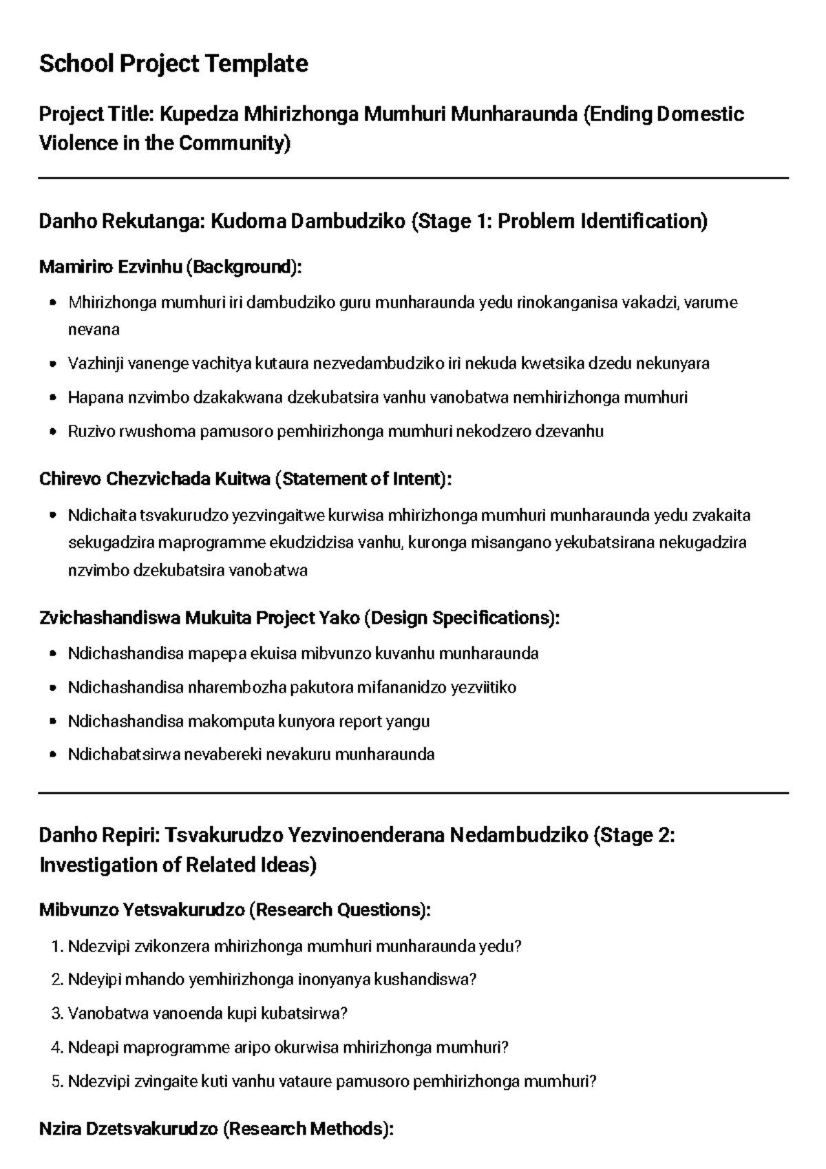 Kupedza Mhirizhonga Mumhuri Munharaunda - School Project Template - Studocu