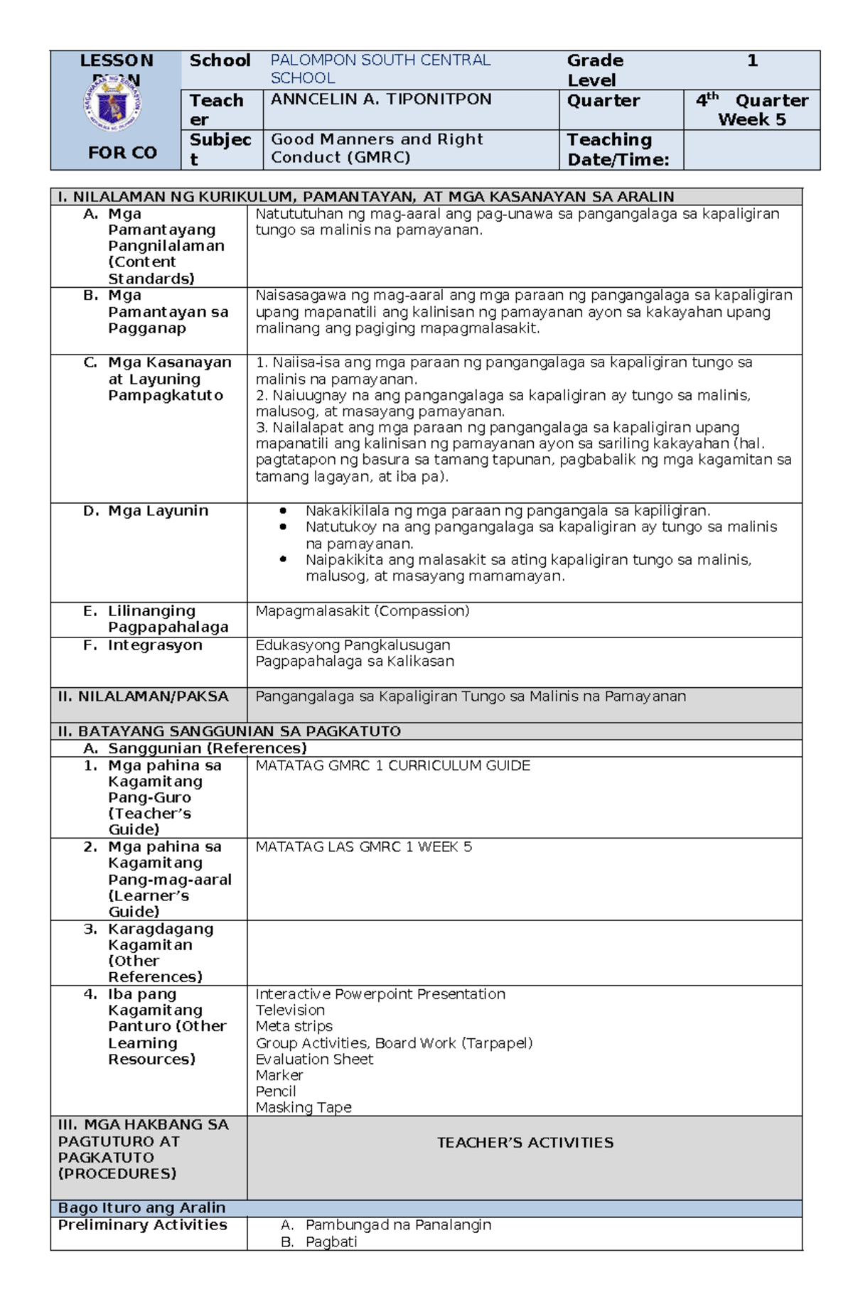 COT Q4 DLP GMRC 1: Lesson Plan on Good Manners and Right Conduct - Studocu