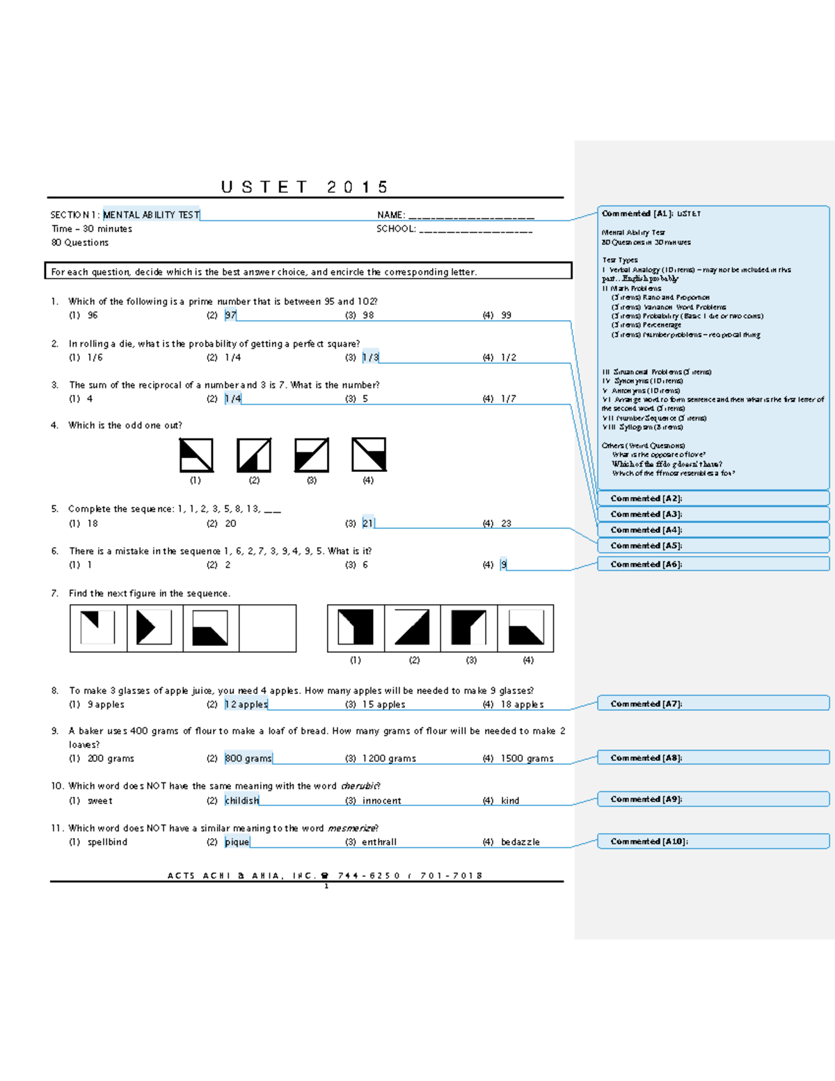 USTET Mental Ability Test Answer Key 2015: Comprehensive Guide - Studocu