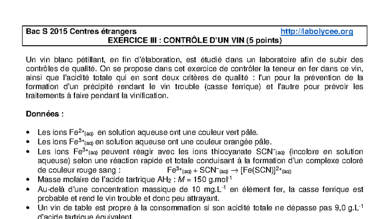 Bac S 2015 Exercice 3 : Contrôle de Qualité du Vin (5 pts) - Studocu