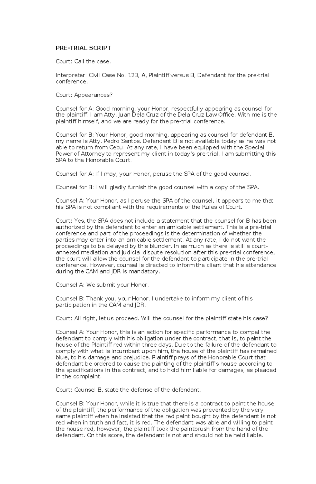 Pre-Trial Conference Script for Civil Case No. 123, A vs B - Studocu