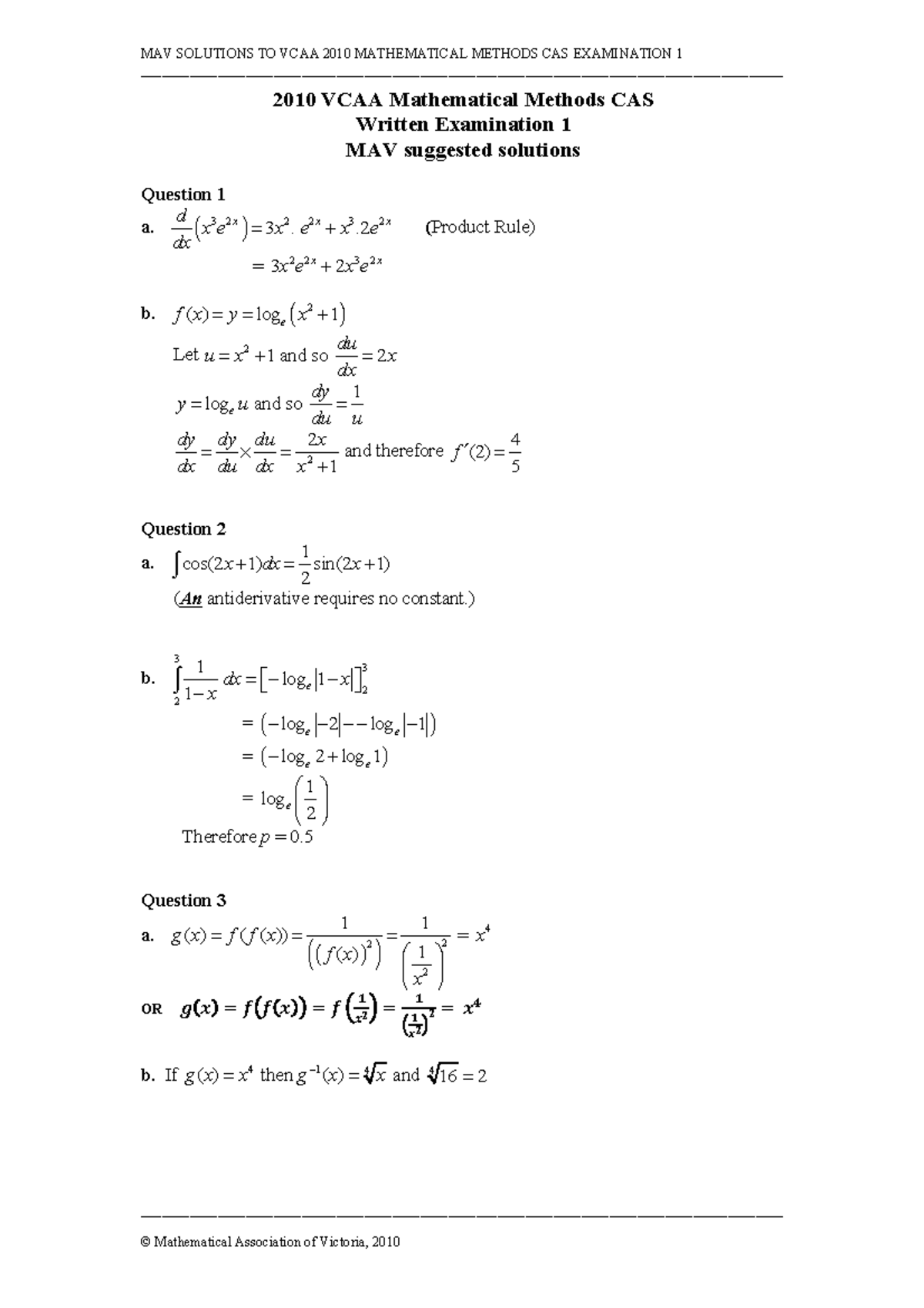 MAV 2010 Mathematical Methods CAS Exam 1 Solutions - Studocu