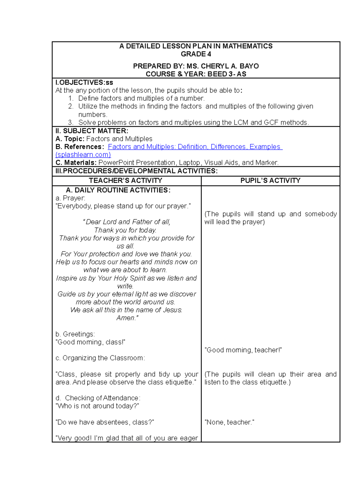 Lesson Plan: Factors and Multiples for Grade 4 (BEED 3-AS) - Studocu