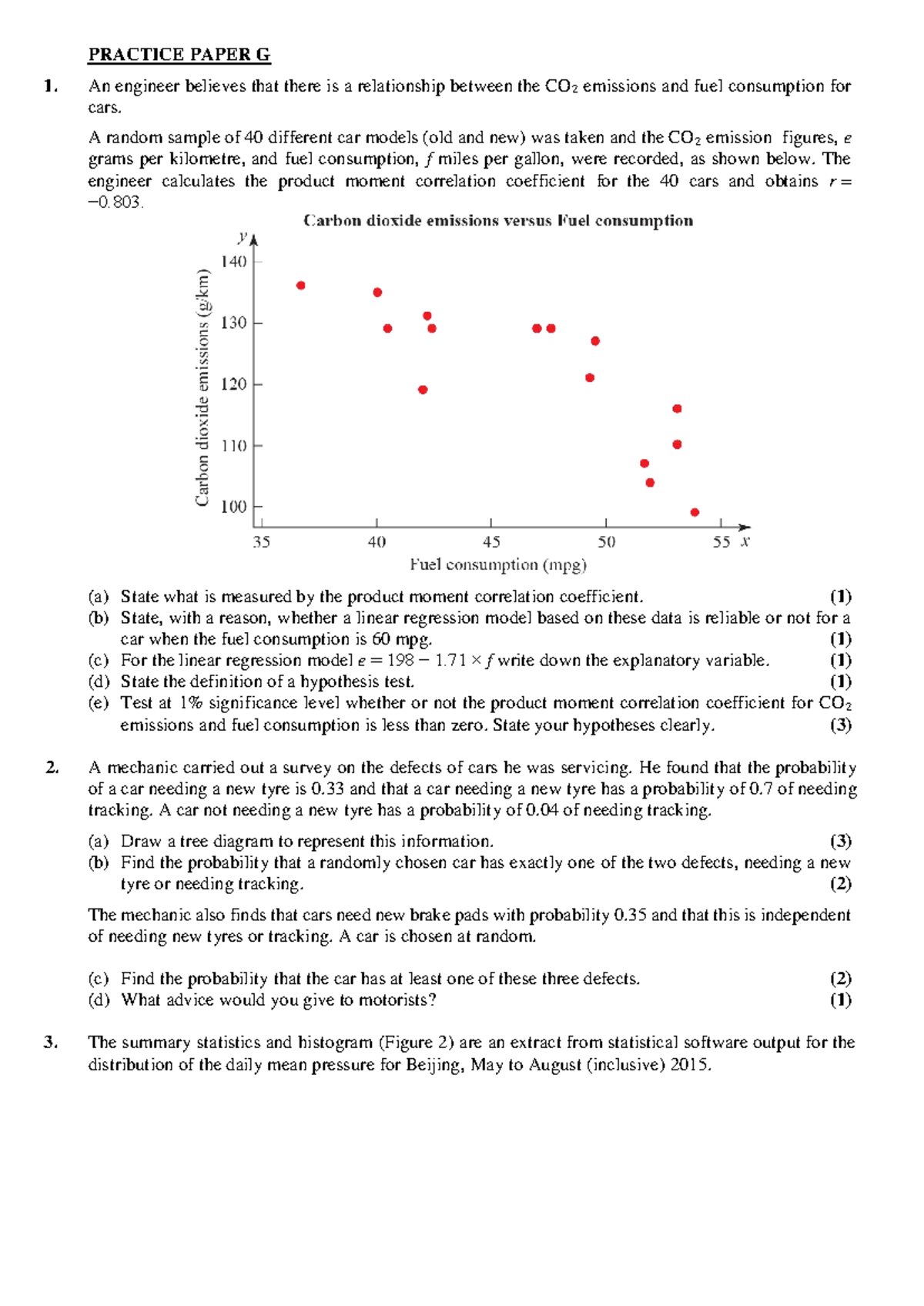 Statistics Practice Paper G: Correlation, Probability, and ...