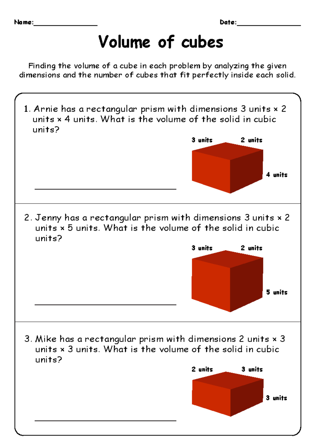 Volume of Rectangular Prisms - 5th Grade Worksheet - Name: Date: Volume ...