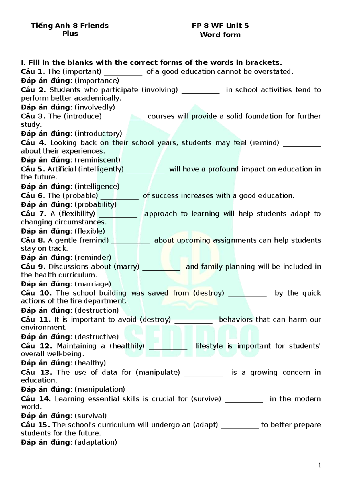 Tiếng Anh 8 Friends Plus FP 8 WF Unit 5 Word Form Key - Studocu