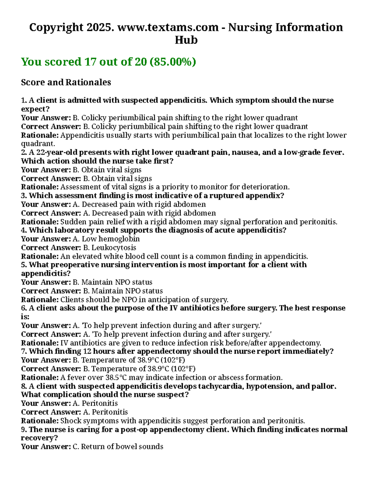 NUR 2025: Appendicitis Case Study & Rationales for Nursing Care - Studocu