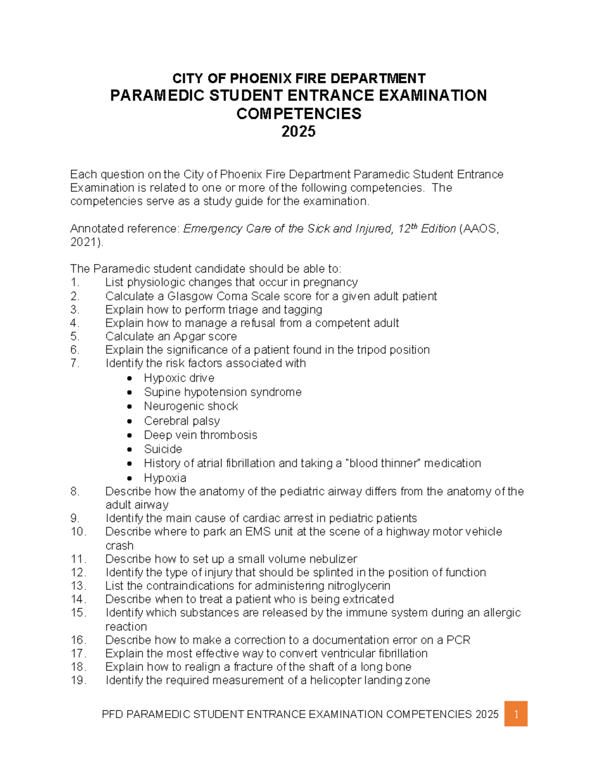 PFD Paramedic Student Entrance Examination Competencies 2025 Guide ...