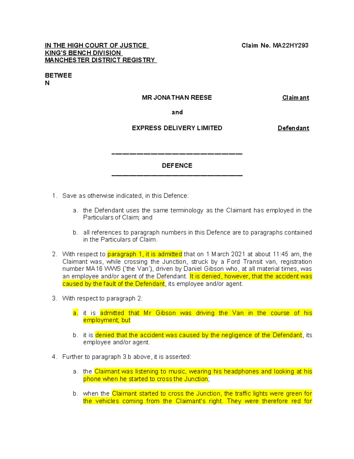 WS11 Jonathan Reese's Defence Against Express Delivery Ltd. W6 - Studocu