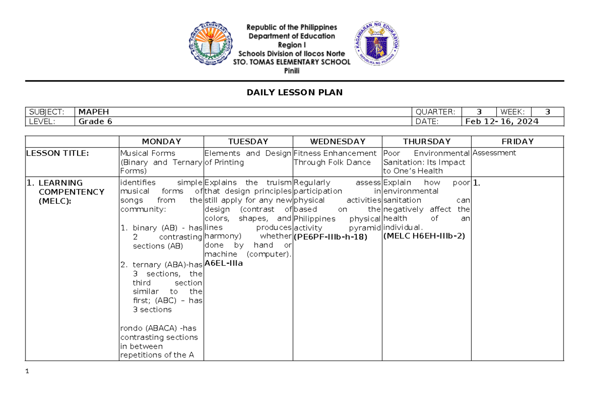 DLP Q3 MAPEH Grade 6 Weekly Lesson Plan - Week 3 Overview - Studocu