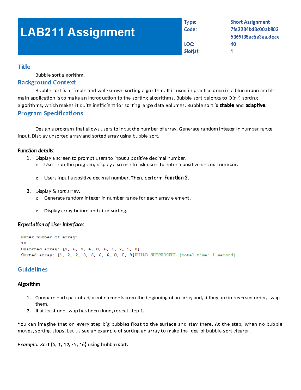 LAB211 Short Assignment: Bubble Sort Algorithm Explained - Studocu