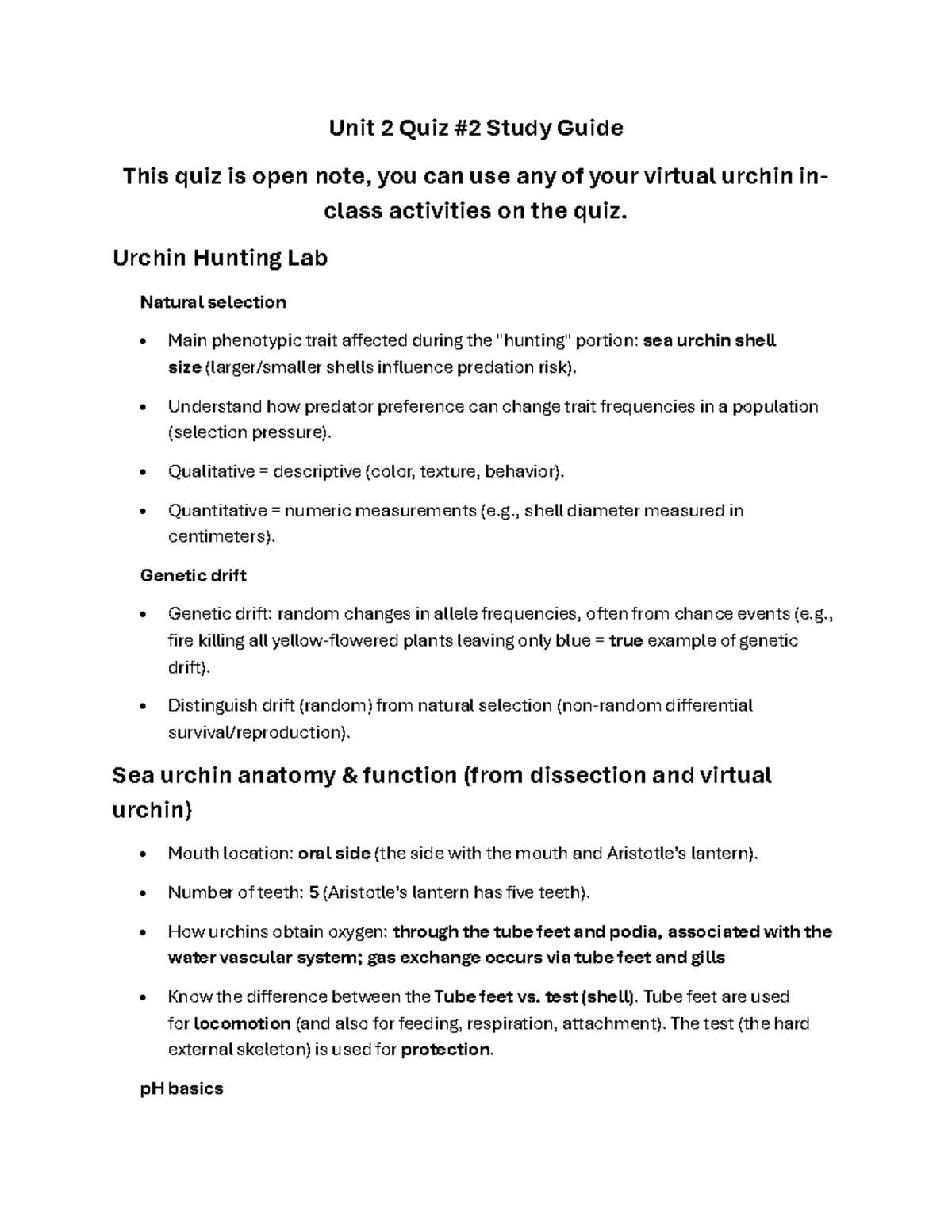 Unit 2 Quiz #2 Study Guide: Sea Urchin Natural Selection & Anatomy ...