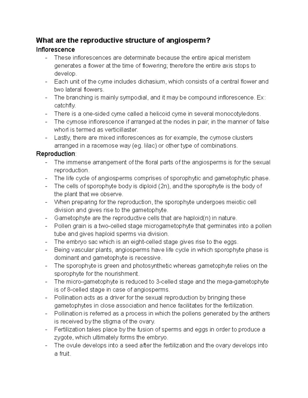 What are the reproductive structure of angiosperm, inflorescence ...