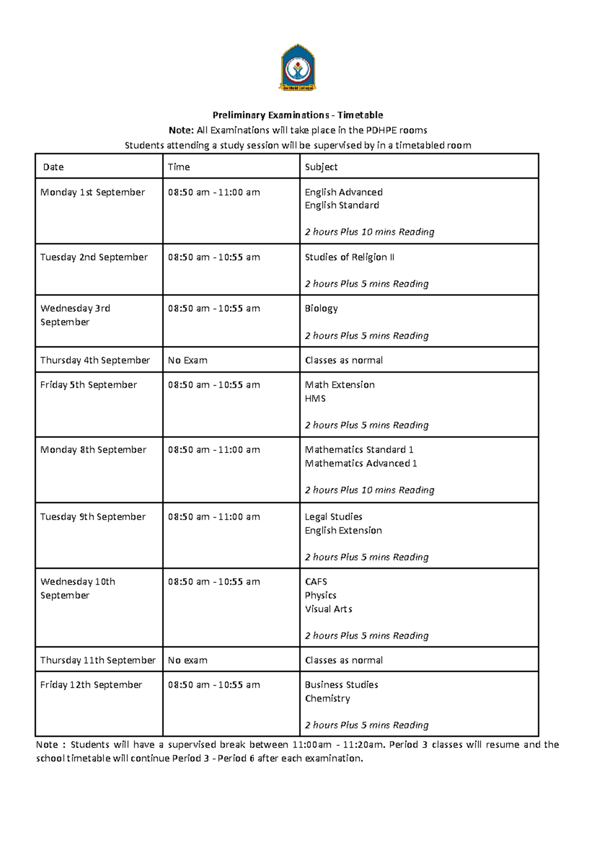 2025 Preliminary Exams Timetable for PDHPE Rooms - Studocu