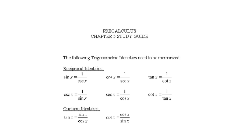 Precalculus Chapter 5 Study Guide: Trigonometric Identities and ...
