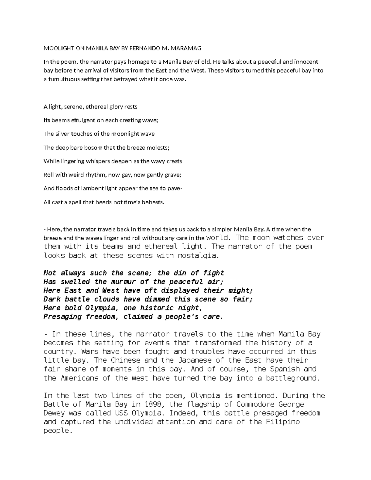 "Analysis of 'Moonlight on Manila Bay' by Fernando M. Maramag" - Studocu