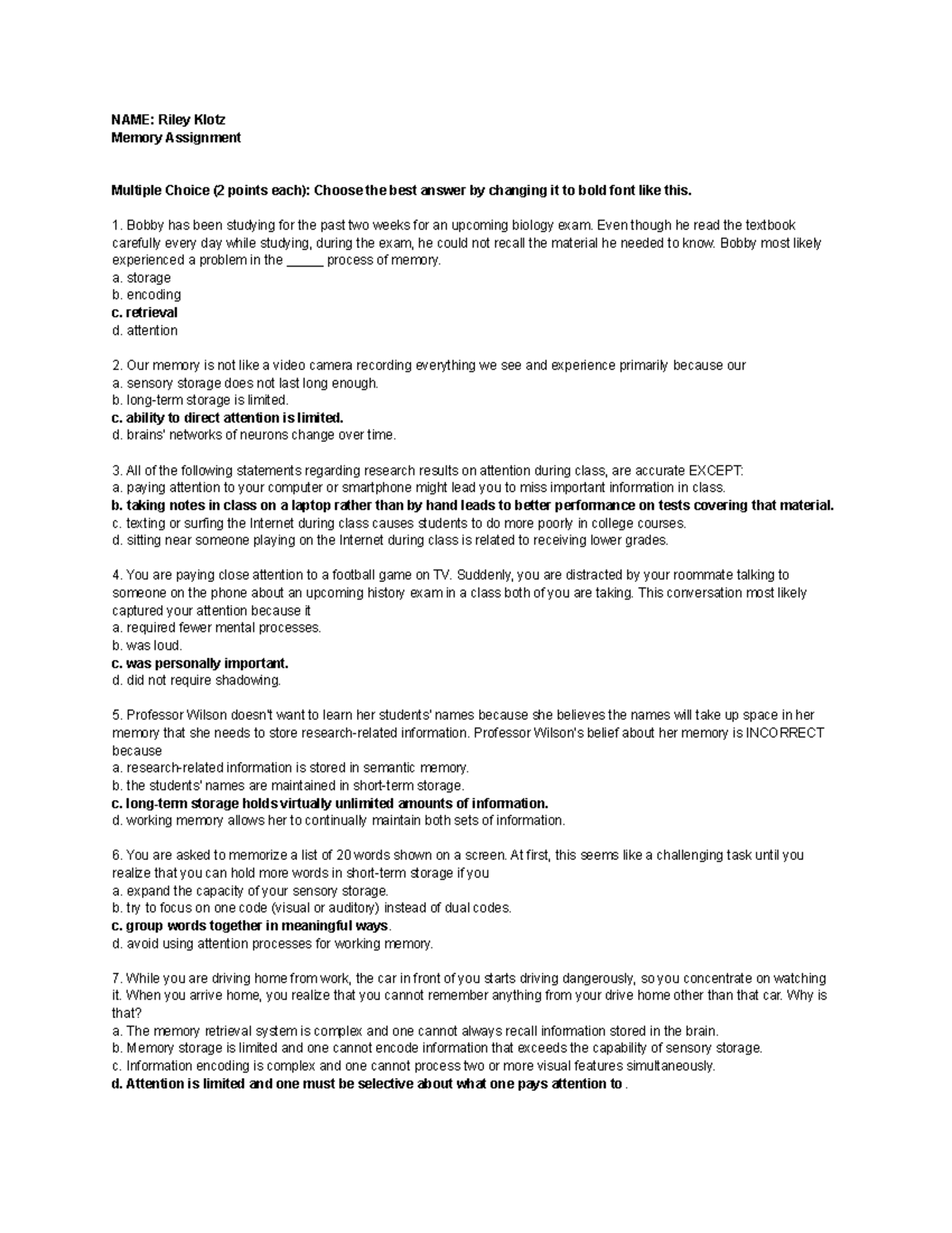 Memory Assignment MCQs for Psychology PSY101 - Studocu