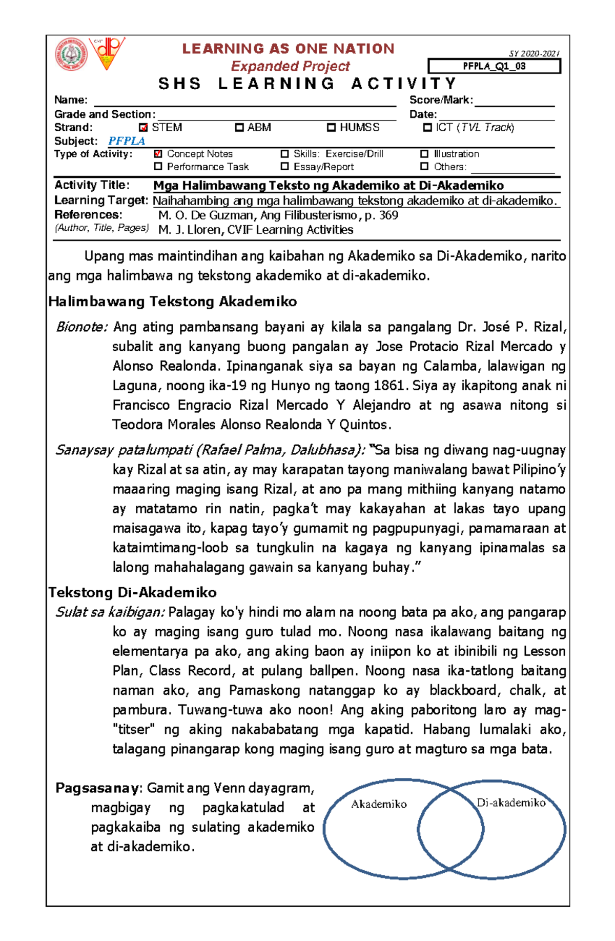 LAS 3 Halimbawang Tekstong Akademiko at Di-Akademiko - Studocu