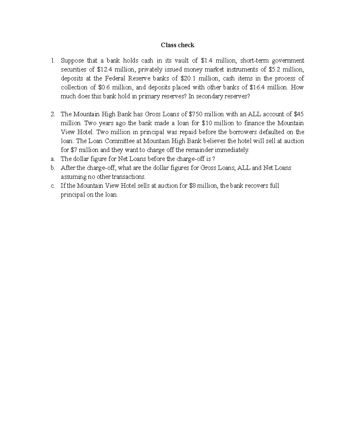Class Check 1 - Practical Questions on Banking Reserves and Loans - Studocu