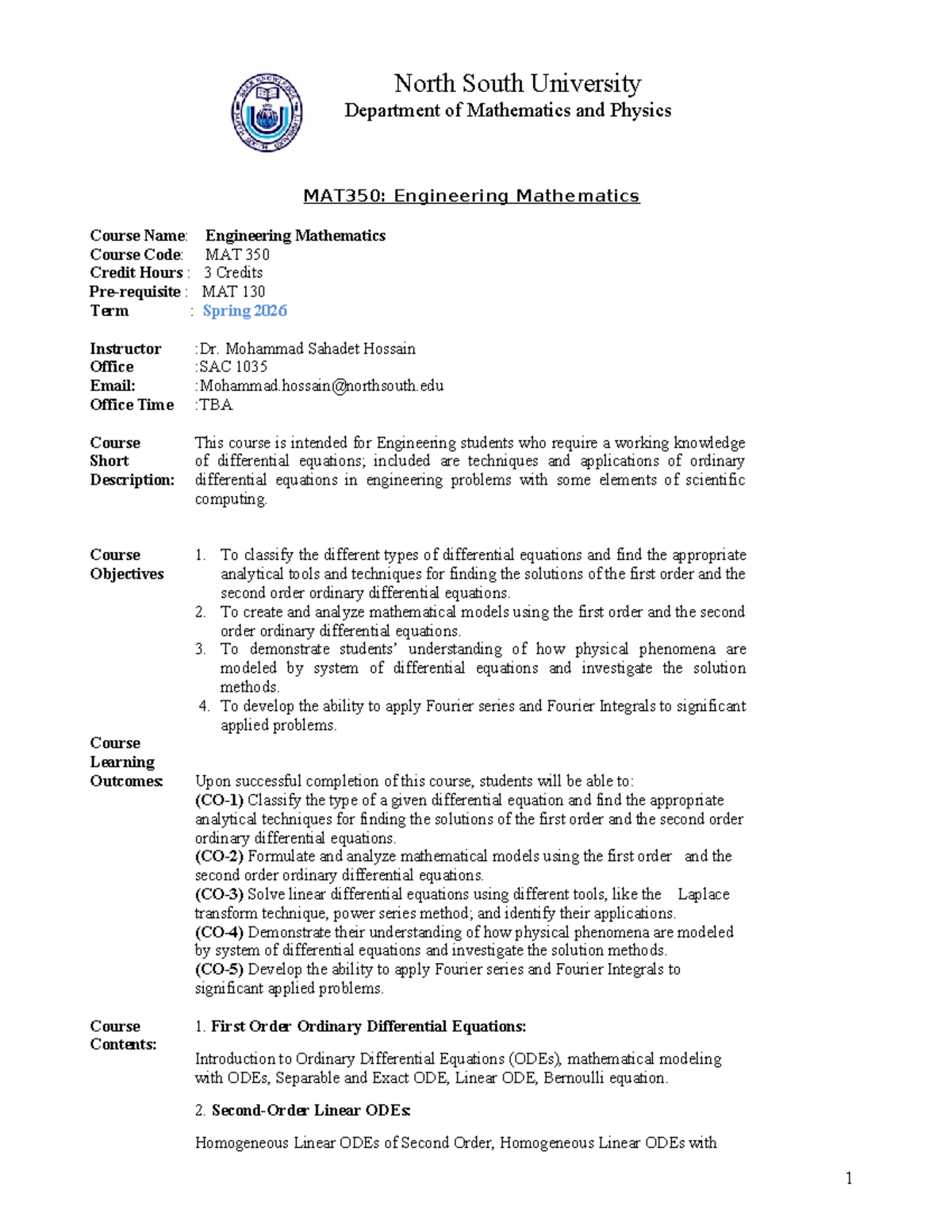 Course Outline for MAT 350: Engineering Mathematics - Spring 2026 - Studocu